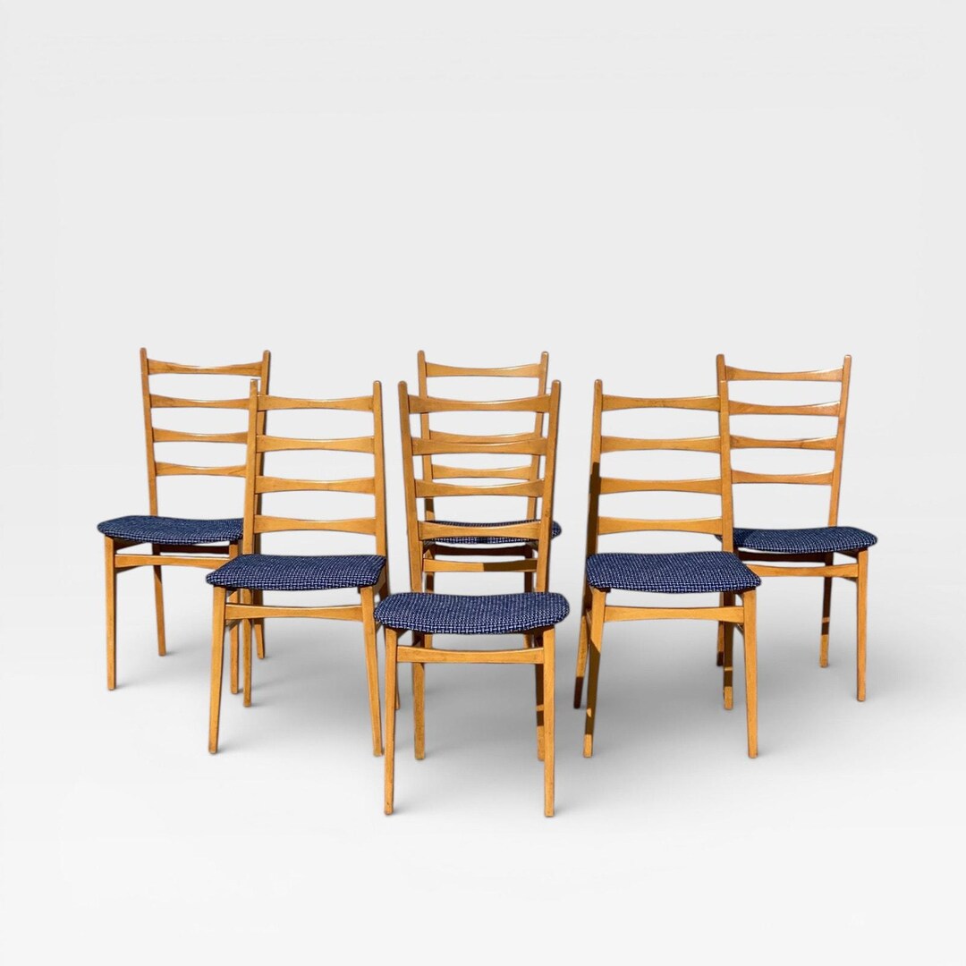 Mid Century Modern Ladderback Dining Chairs | Set of 6, New Upholstery ...