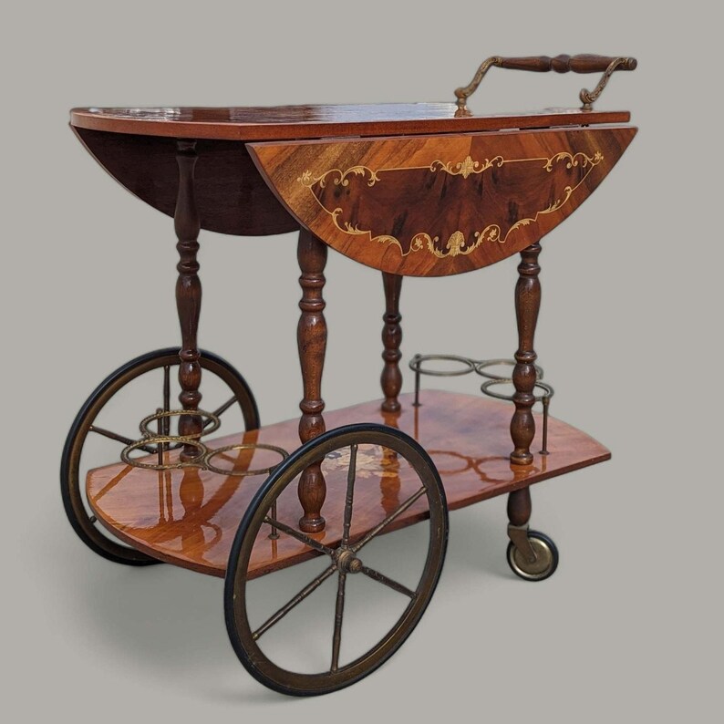 Inlaid Italian Drop Leaf Bar Cart C 1960, Floral Inlay Rolling Bar Tea ...