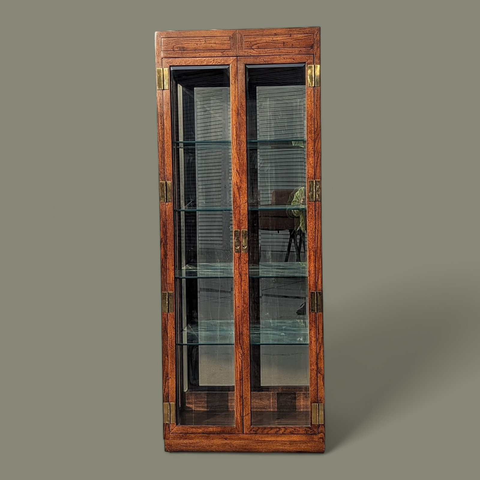 Henredon Bookcase, Etagere, Oak Wood, Glass Shelves, Mirrored Panels ...