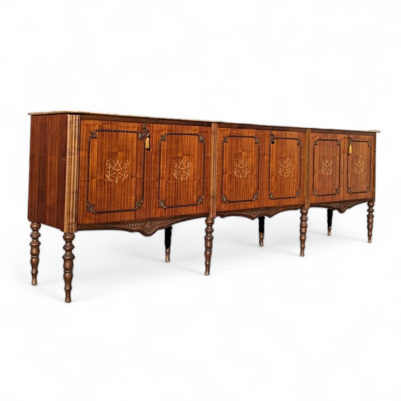 Antique French Buffet, Sideboard, Marble Top, Inlaid Wood, Turned Legs ...