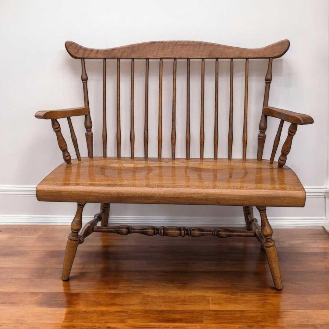 Windsor Style Wooden Bench – Solid Oak Spindle Back Settee, Traditional ...