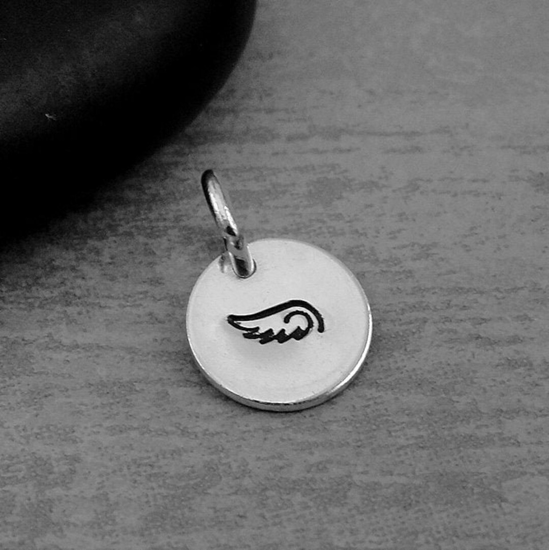 925 Sterling Silver Angel Wing Hand Stamped Charm, Angel Wing Round ...
