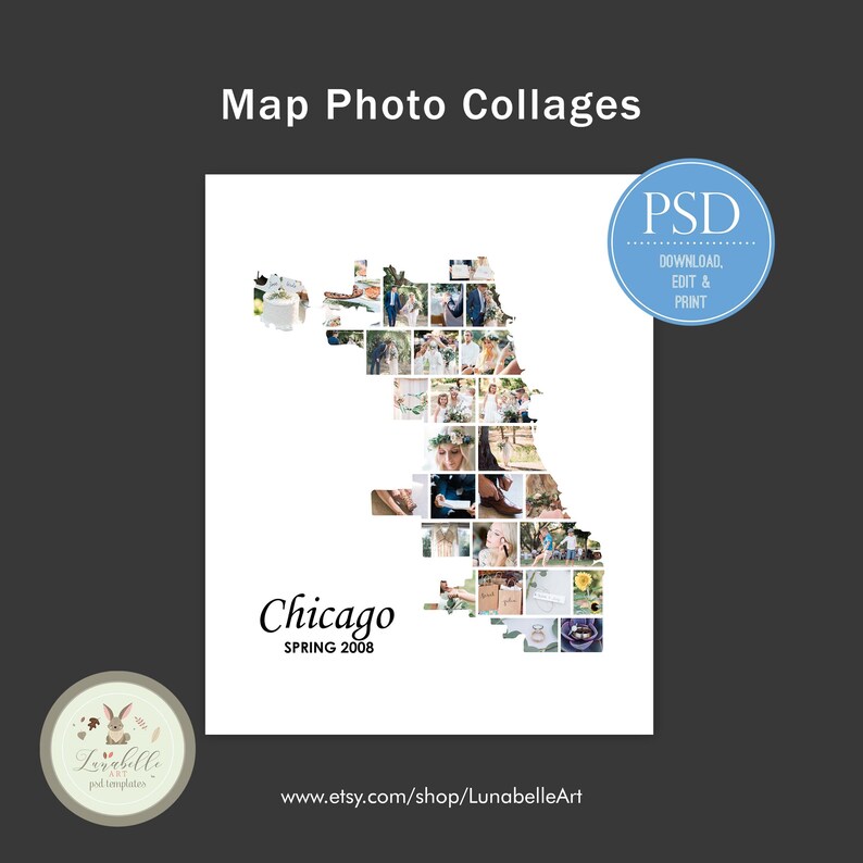 Chicago Collage Chicago Map Photo Collage Travel Photo | Etsy