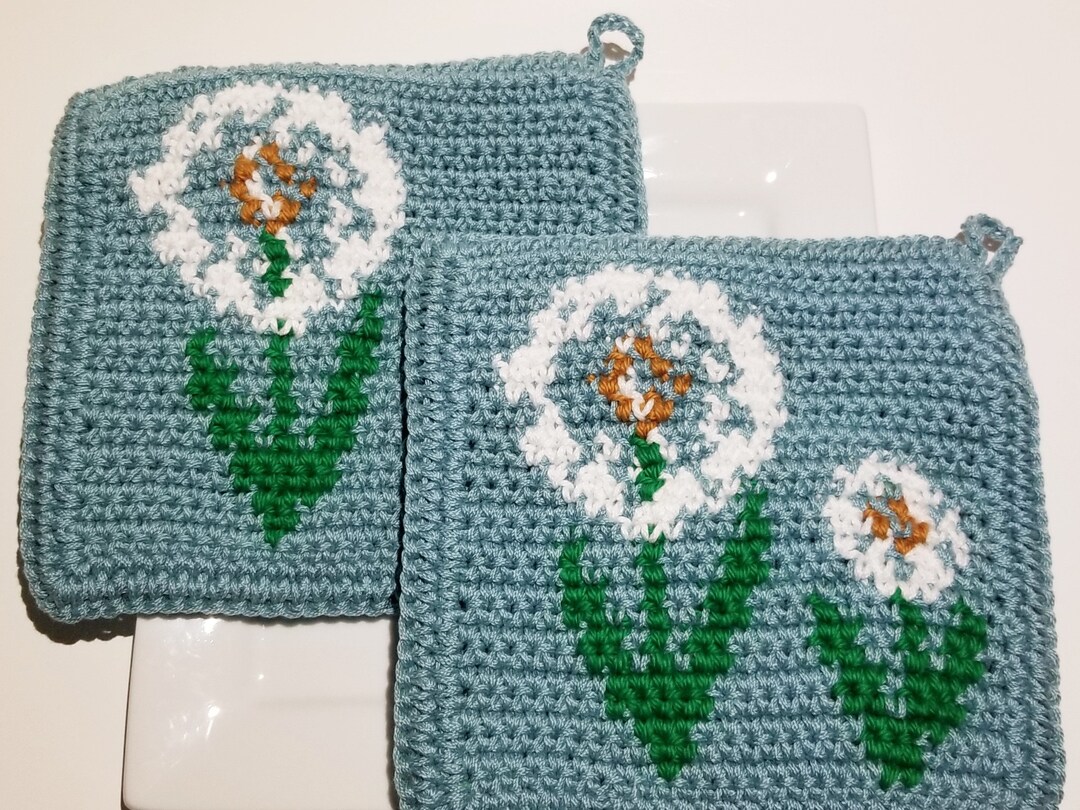 Dandelion Flowers Crochet Pattern, White Flower PDF Potholder Pot ...