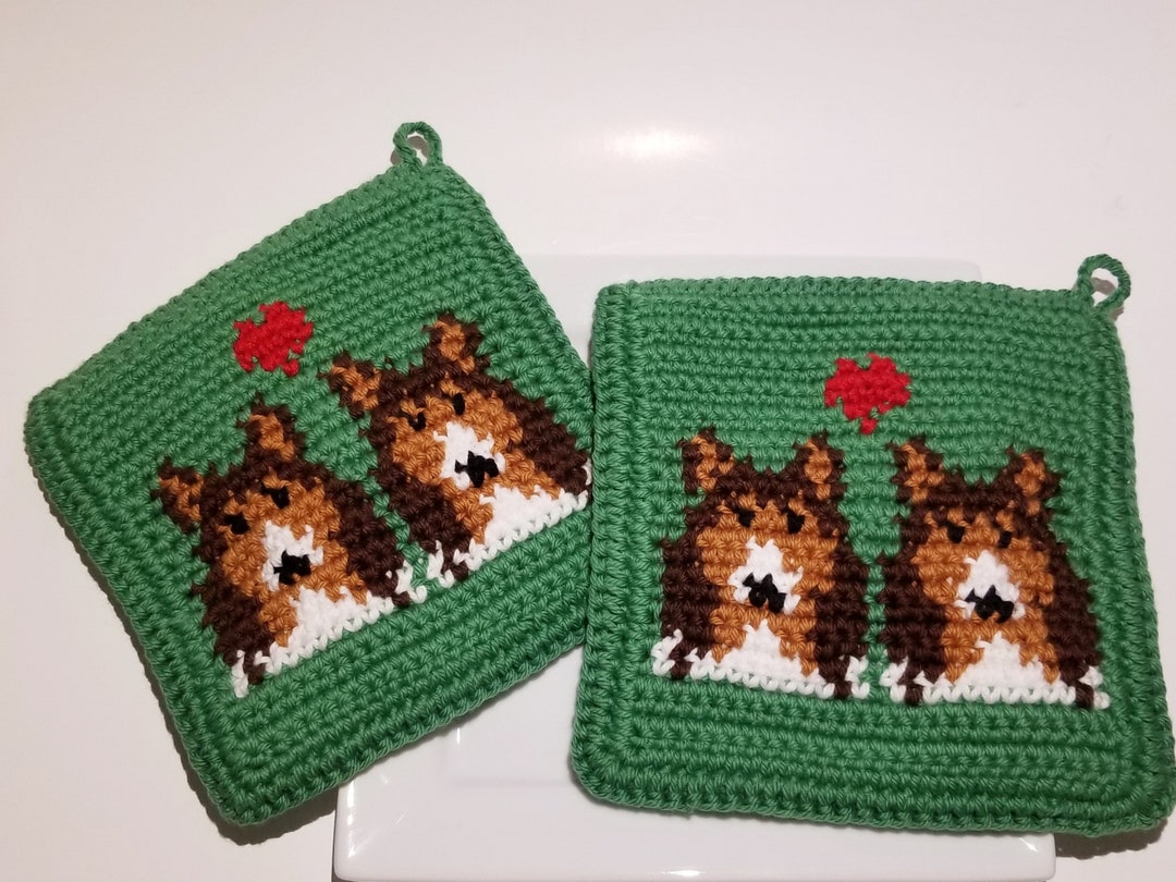 Collies Crochet Pattern, Dogs in Love Potholders Graph Written ...
