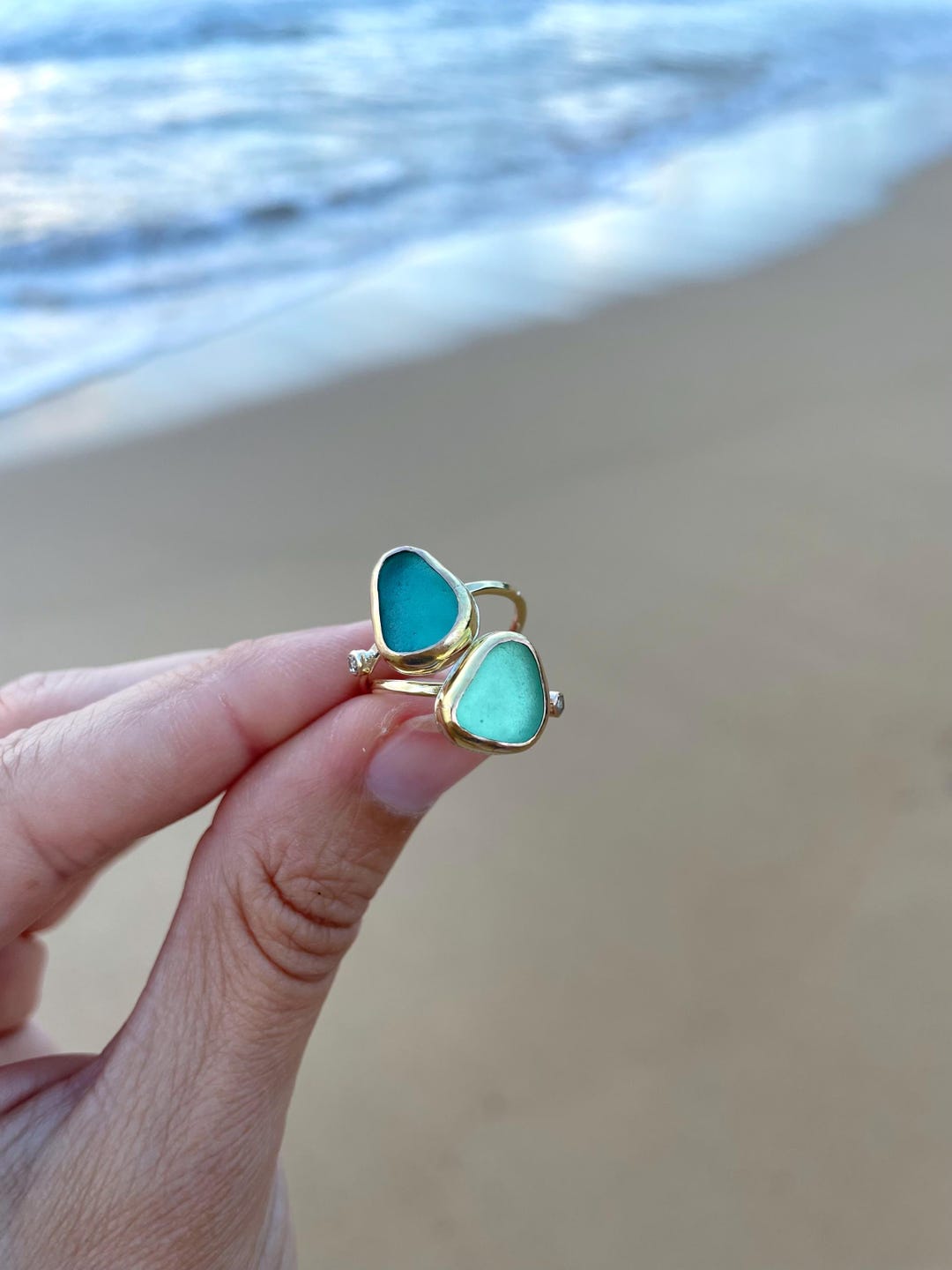 Sea Glass Gold Stacking Ring, Gold Sea Glass Ring With White Topaz ...