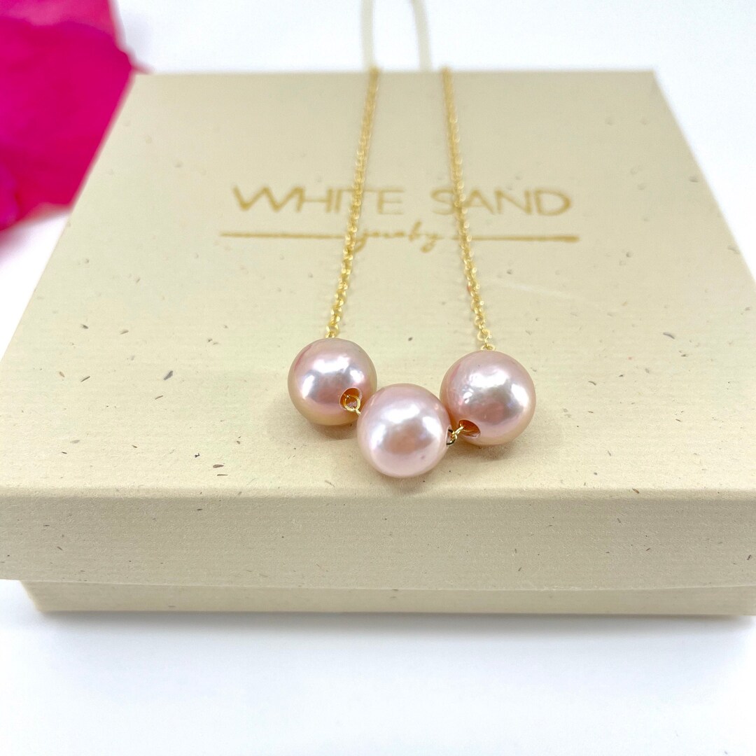 Triple Pink Edison Pearl Necklace, Three Floating Pink Pearl Necklace ...