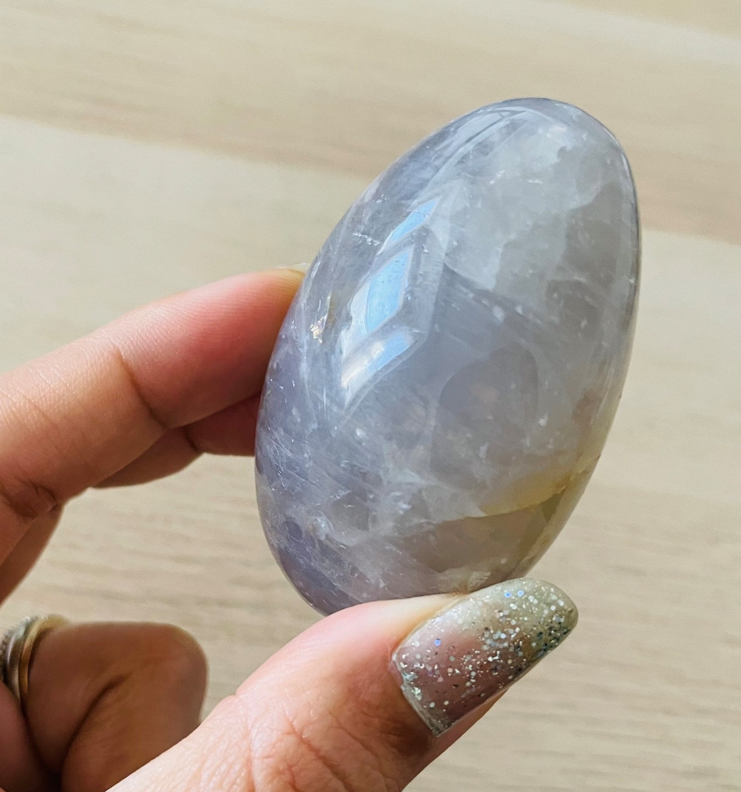 Blue Rose Quartz Palm Stone (108.2G) Blue Rose Quartz Crystal Palm ...