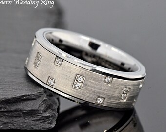 Blue Aquamarine Ring, Silver Tungsten Ring, Mens Wedding Ring, Womens ...