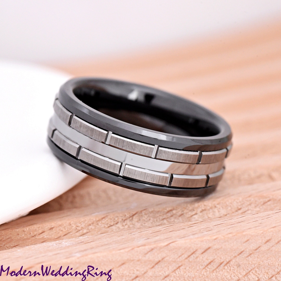 Unique Grooved Center Brick Pattern Black Tungsten Ring / 8mm Tungsten ...