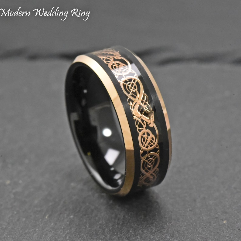 Rose Gold IP Celtic Dragon Inlay Unique Ring Mens - Etsy