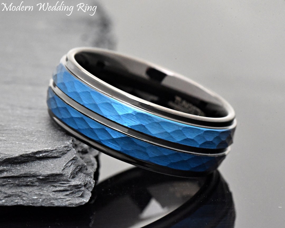 Mens Unique Ring, Blue Wedding Band Men, Male, Wedding Ring, Mens ...
