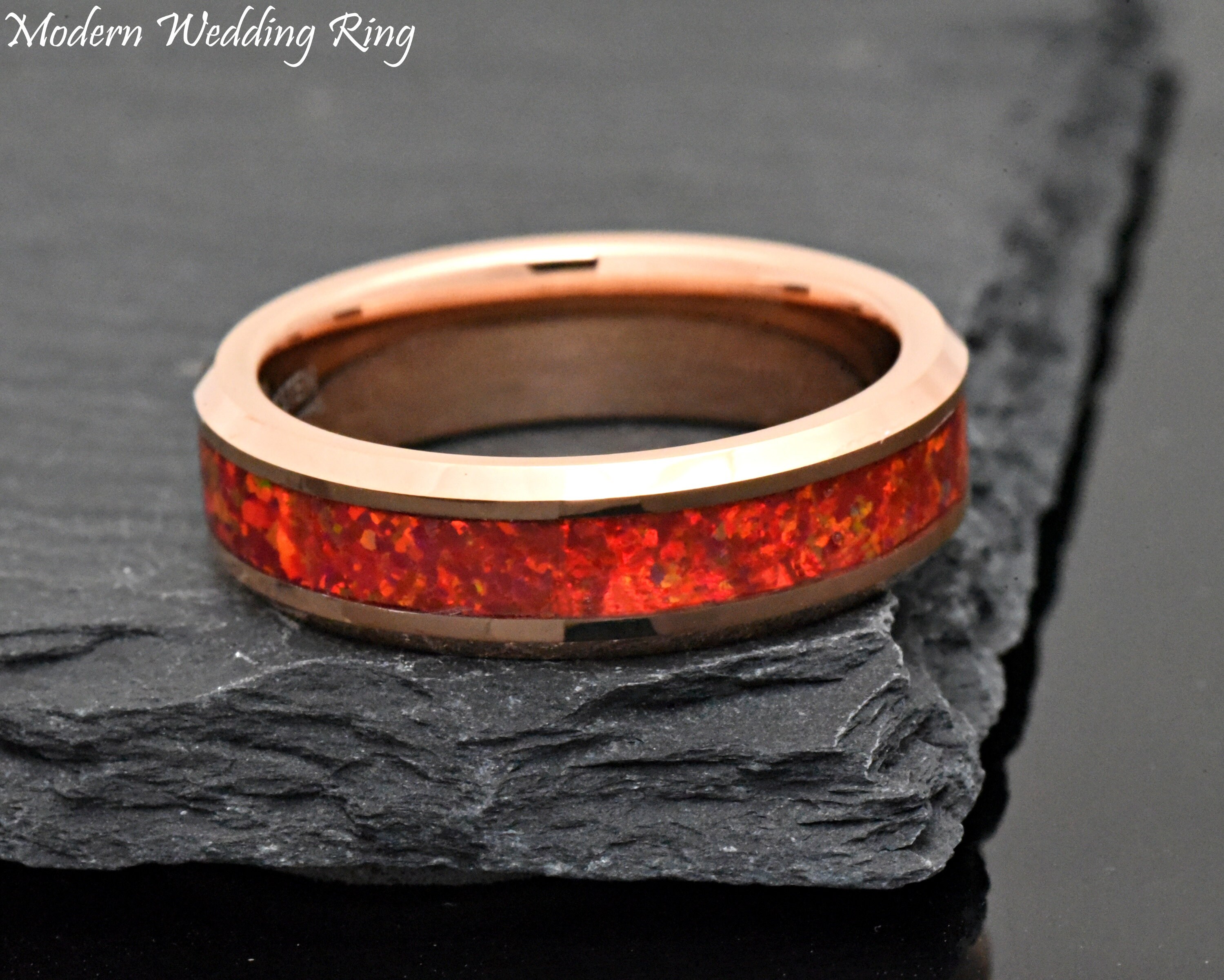 Red Fire Opal Inlay Rose Gold Wedding Band Men's & - Etsy