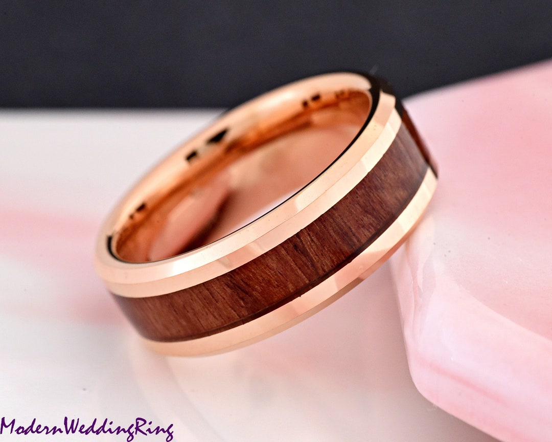 8mm Width Rose Gold Plated Tungsten Carbide Ring Hawaiian Koa Wood ...