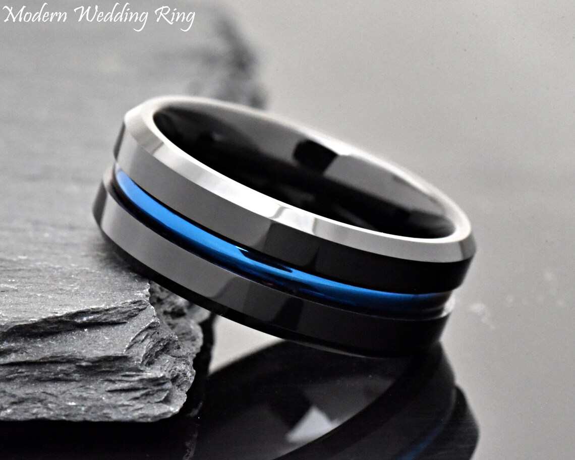 Blue Grooved Center Tungsten Ring Mens Blue Tungsten Ring - Etsy