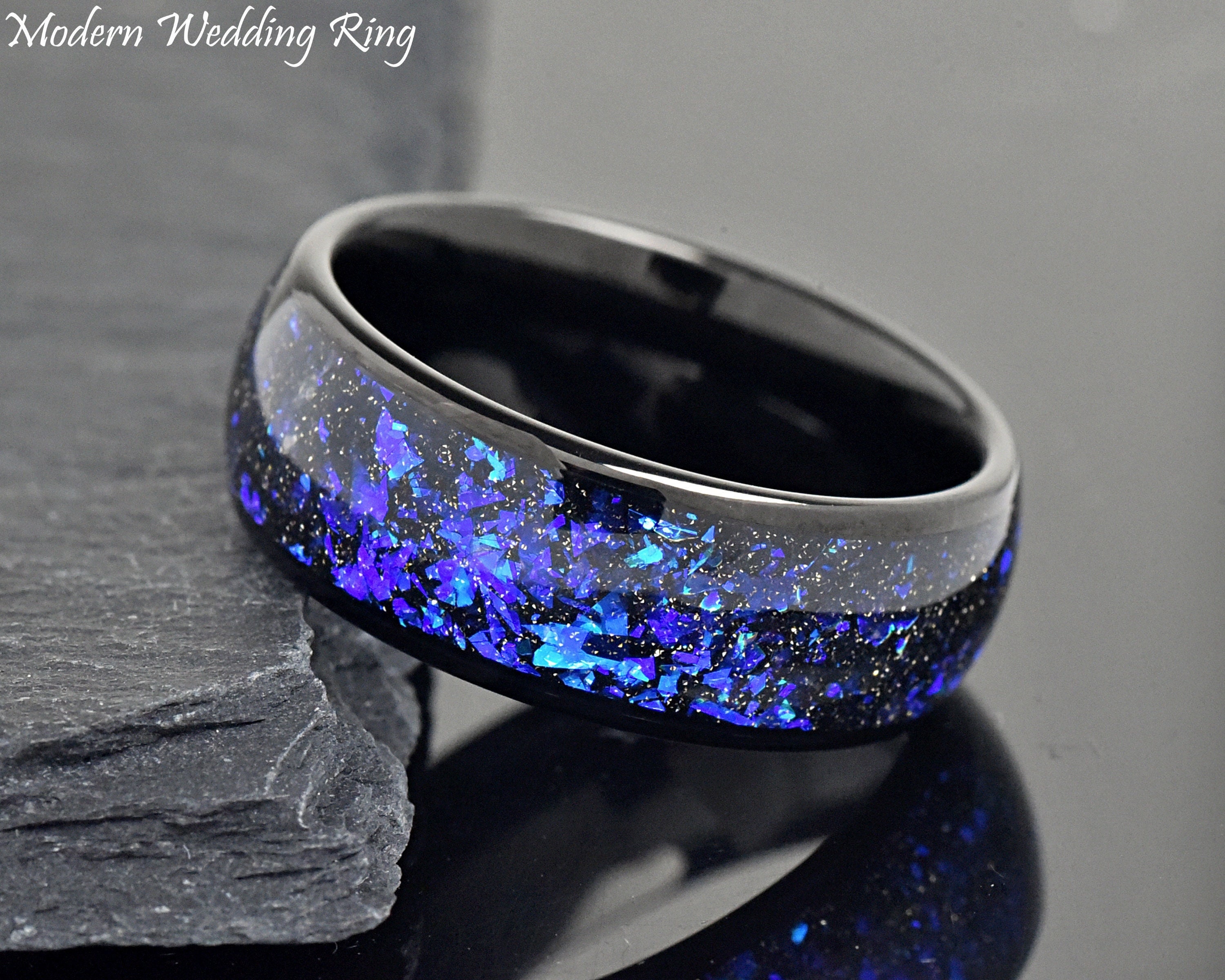 8mm Black Tungsten Blue Opal & Abalone Fragment Inlay - Etsy