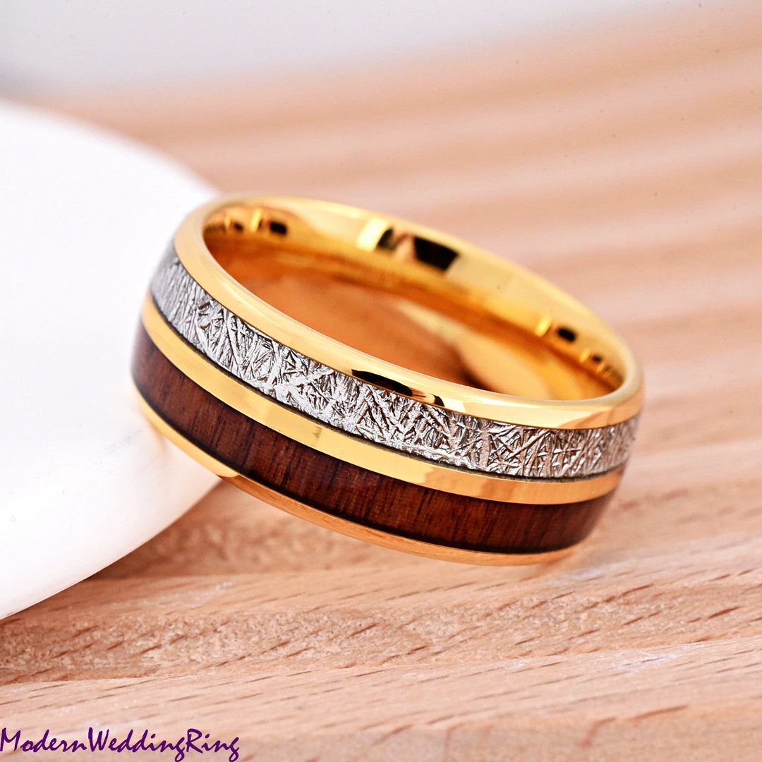 Meteorite & Wood Inlay Tungsten Ring / 8mm Gold Plated Dome Tungsten ...