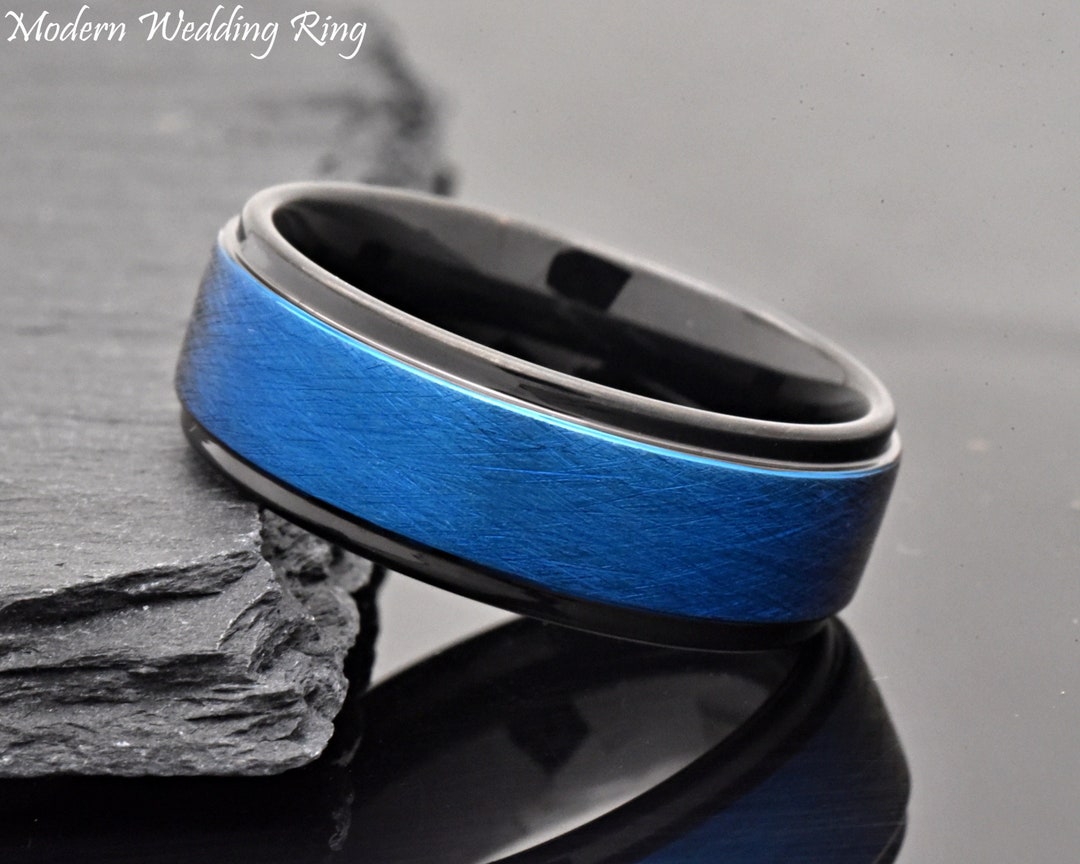 Blue Wedding Band Men, Blue Tungsten Wedding Band, Mens Tungsten Ring ...