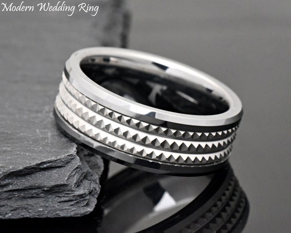 Men's Tungsten Ring Jagged Center Engraved Anniversary - Etsy