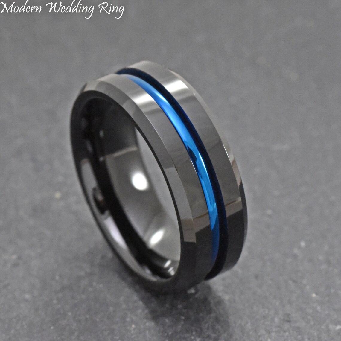Blue Grooved Center Tungsten Ring Mens Blue Tungsten Ring | Etsy