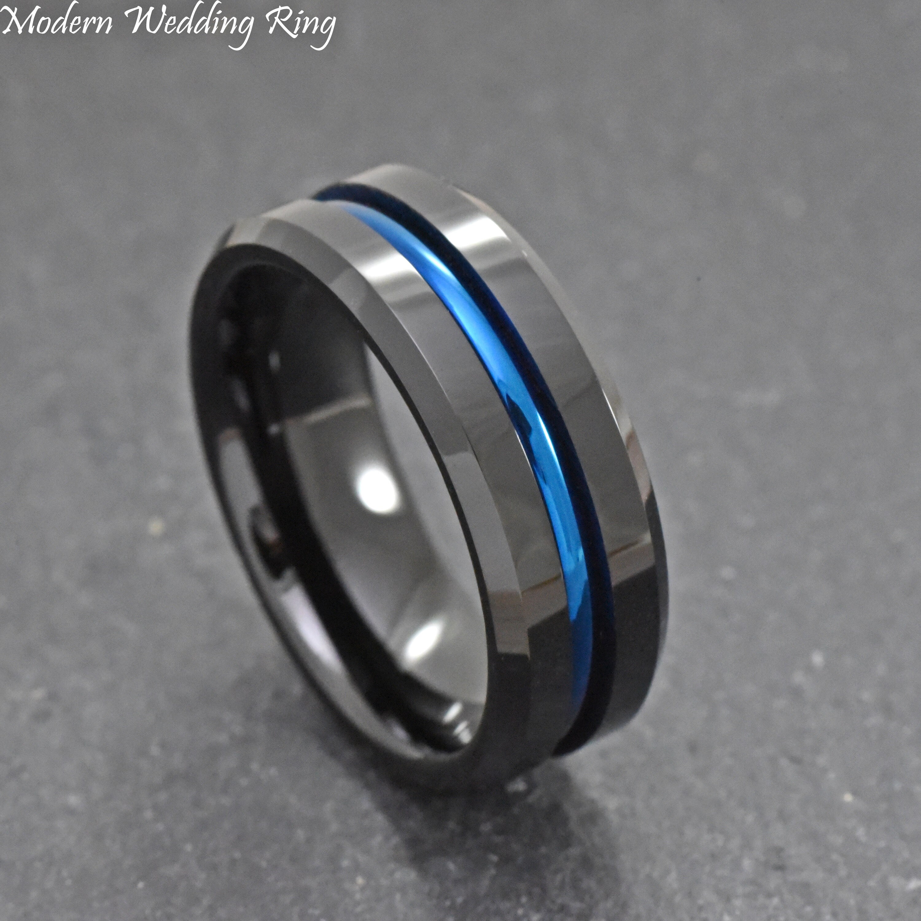 Blue Grooved Center Tungsten Ring Mens Blue Tungsten Ring | Etsy