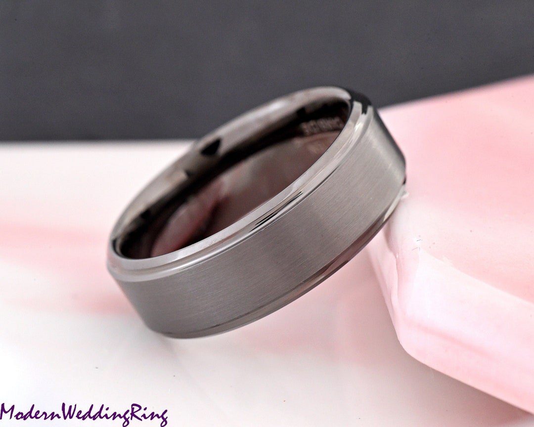 8mm Width Gunmetal Gray Tungsten Carbide Ring Brushed Center Minimalist ...