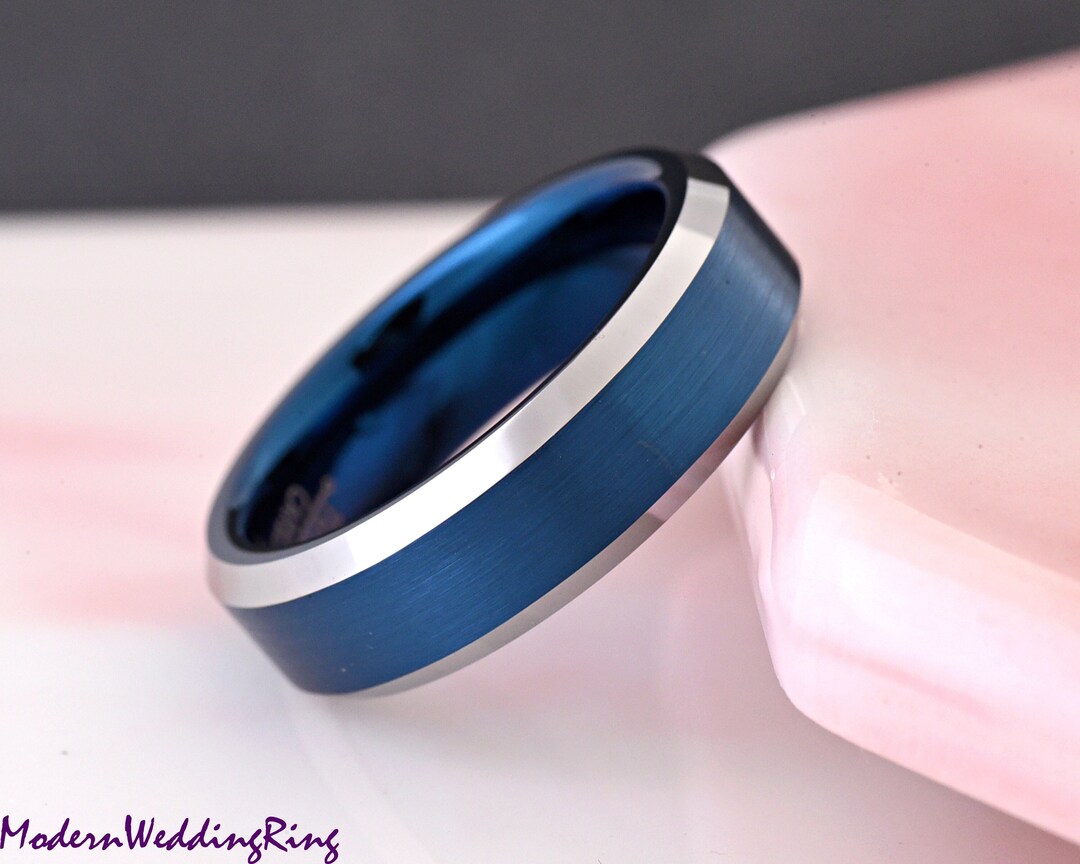 6mm Width Blue Tungsten Carbide Ring Steel Color Edge Men's Wedding ...