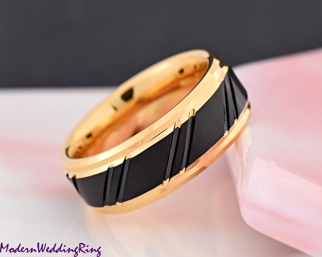 8mm Width Gold Plated Tungsten Carbide Ring Black Diagonal Grooved ...