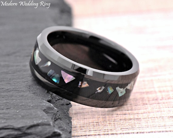 Black Tungsten Black Resin & Abalone Shell Fragment Inlay Mens - Etsy