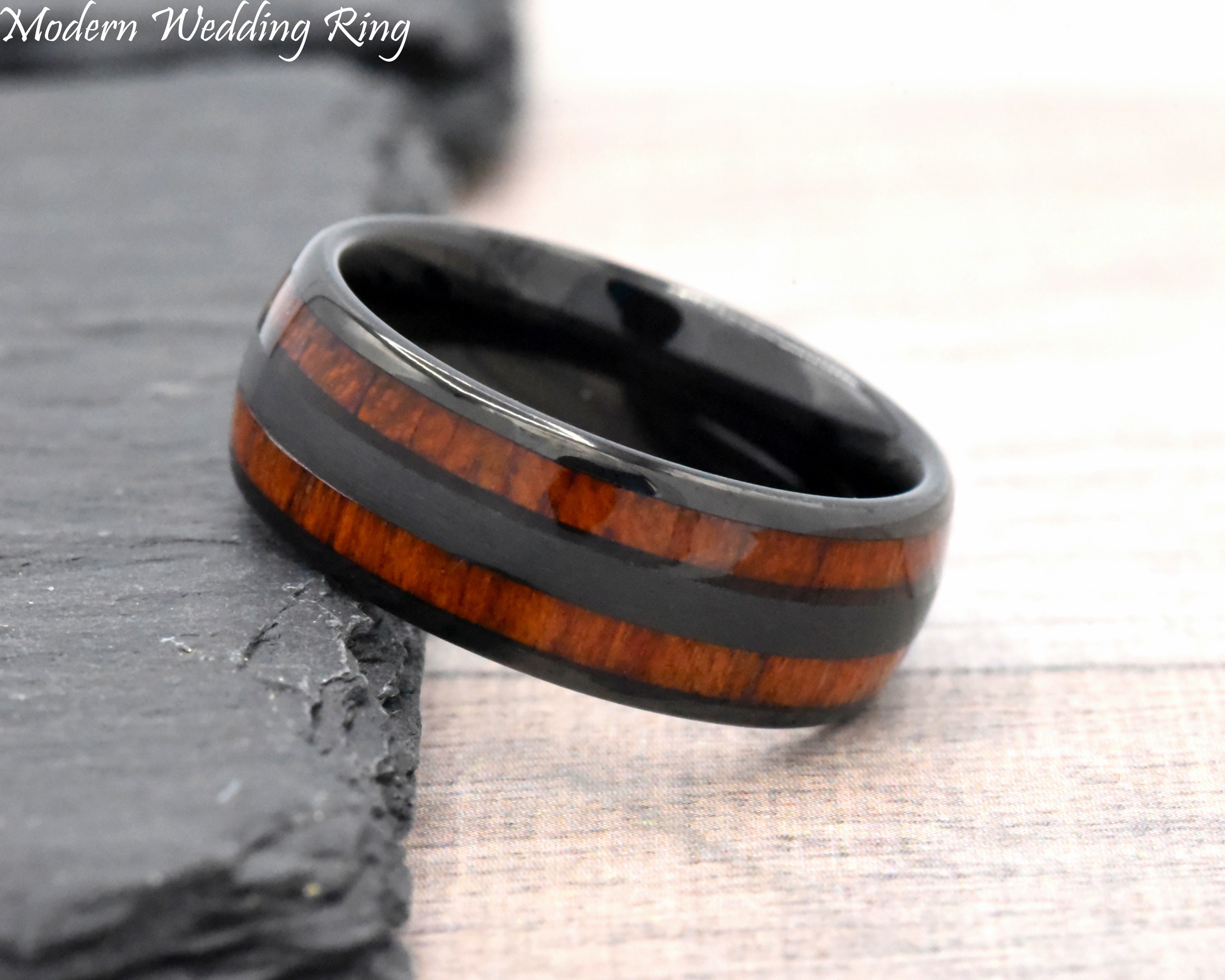 Two Inlay Exotic Blue Wood Inlay Dome Wedding Ring 8mm Black | Etsy