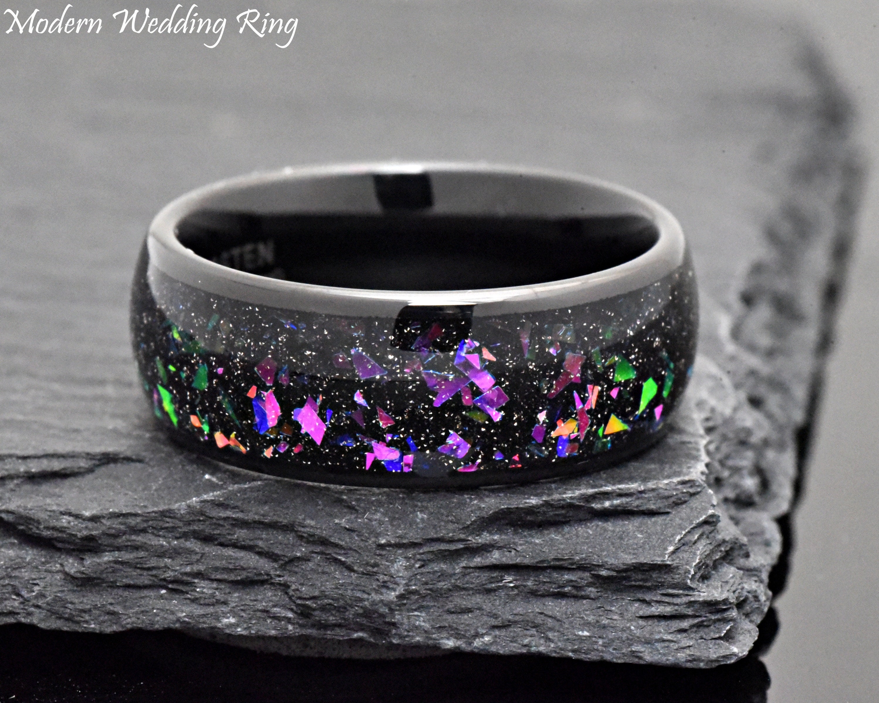 Domed Black Tungsten Purple Synthetic Opal & Abalone Fragment Inlay Men ...