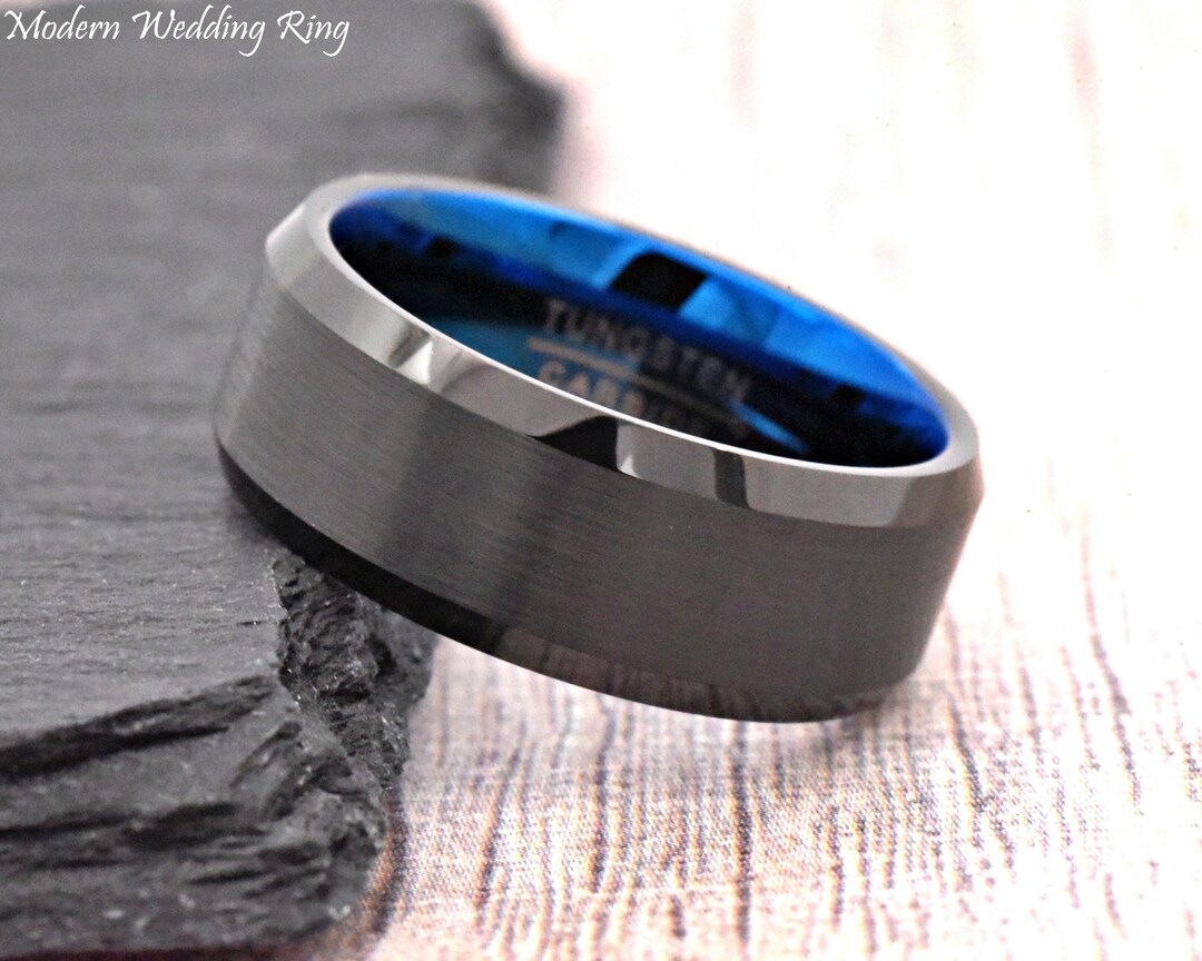 Male Ring Black Tungsten Blue Inside Unique Ring Brushed - Etsy