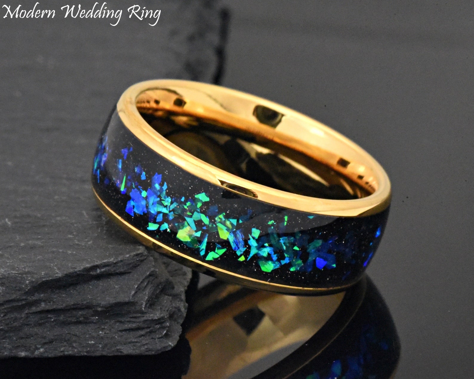 Simulated Green Opal & Abalone Fragments Inlay Tungsten Ring Men's ...