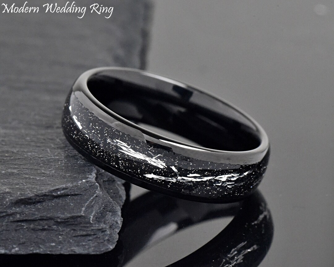 6mm Dome Black Wedding Ring Meteorite, Imitation Silver Color Meteorite ...