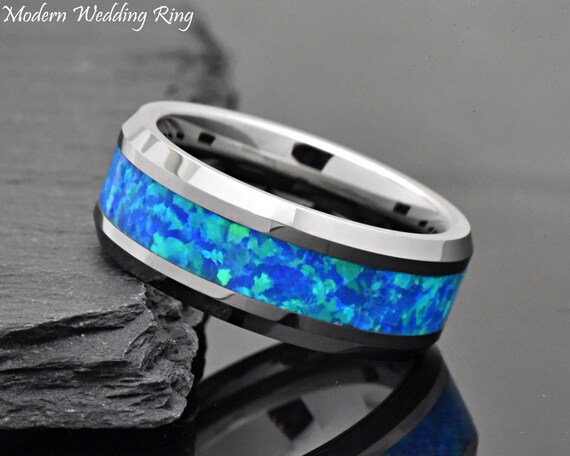 Mens Opal Ring Opal Inlay Tungsten Band Mens Opal Wedding - Etsy