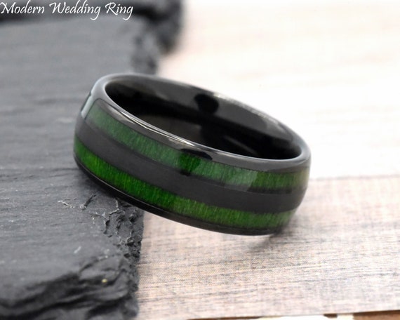 Two Inlay Exotic Green Wood Inlay Dome Wedding Ring 8mm Black - Etsy