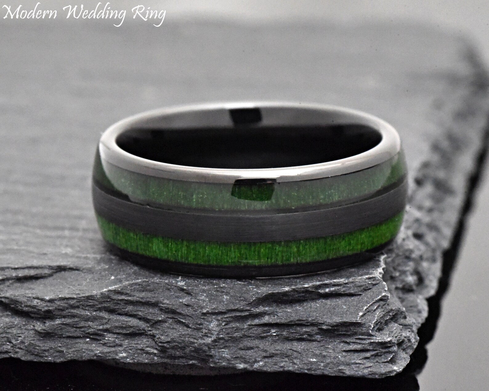Two Inlay Exotic Green Wood Inlay Dome Wedding Ring 8mm Black - Etsy