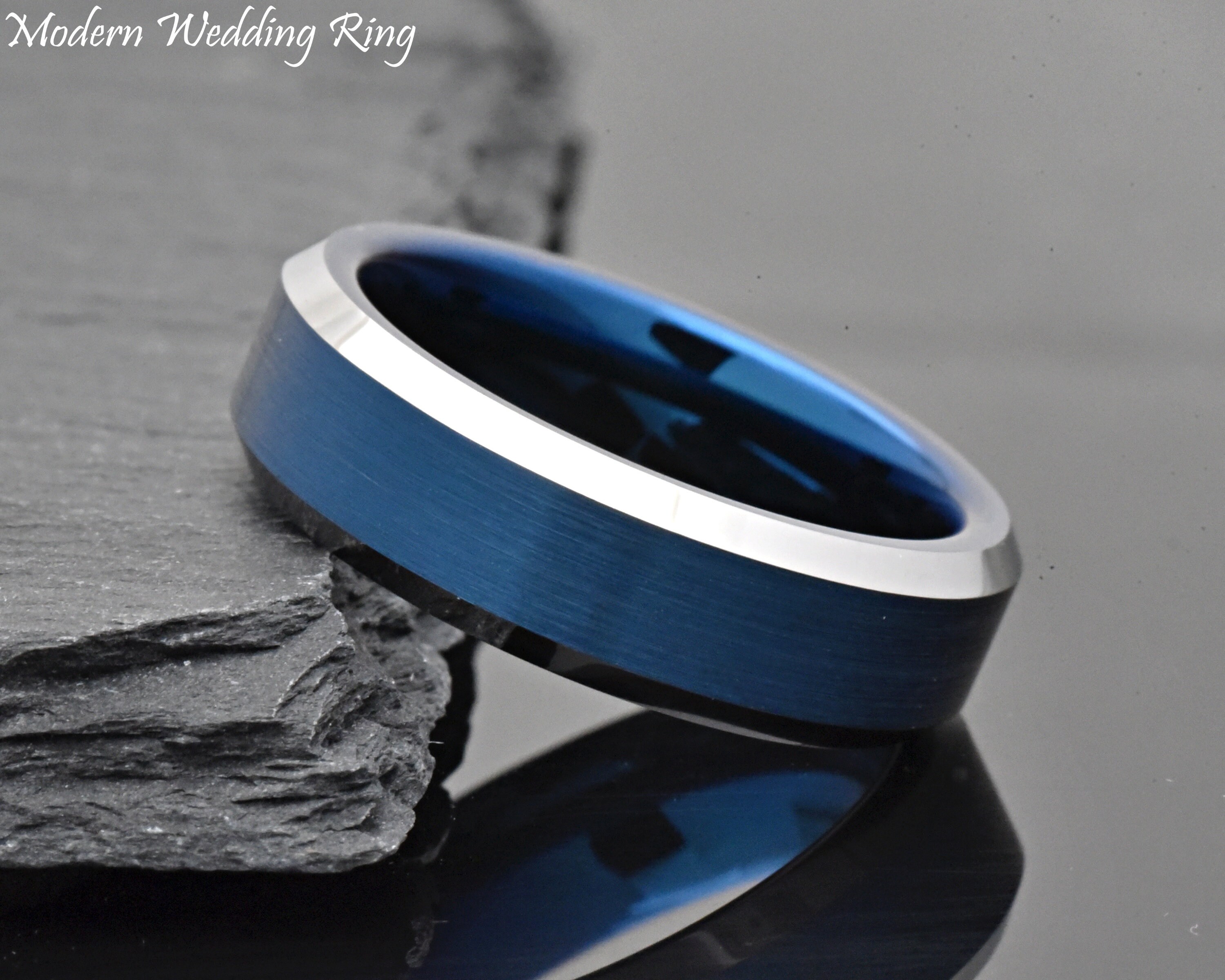 Unique Couples Ring Blue Tungsten Matching Set Band Ring His - Etsy