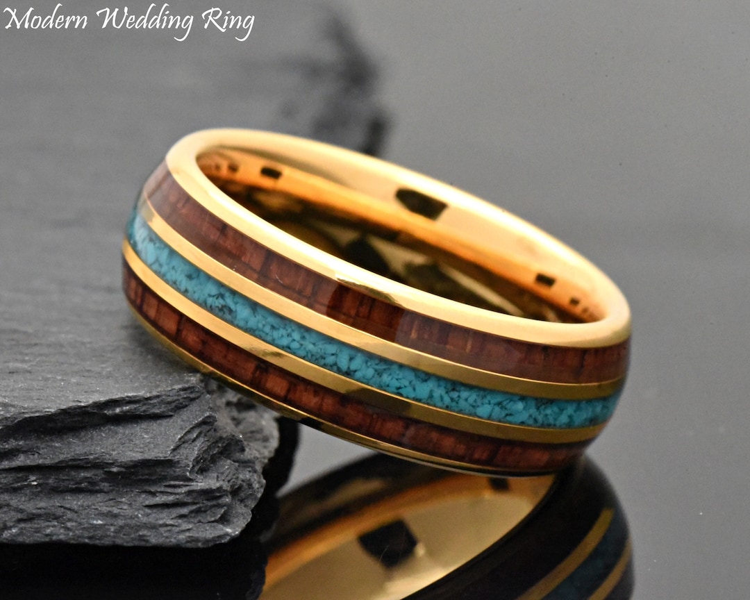 Gold Plated Rosewood Inlay Wedding Ring, Gold Tungsten Crushed ...