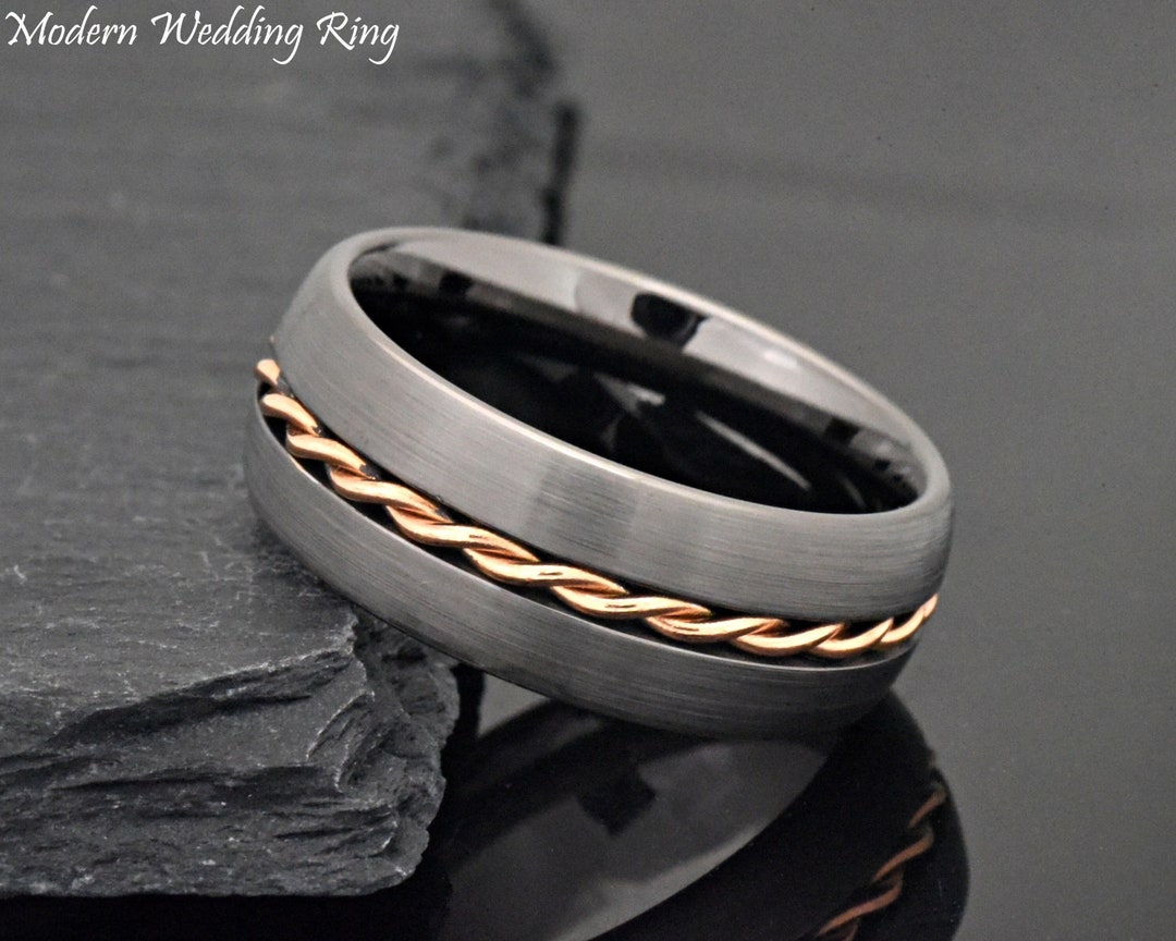 Rose Gold Plated Rope Inlay Gunmetal Gray Tungsten 8mm Dome Brushed Men ...