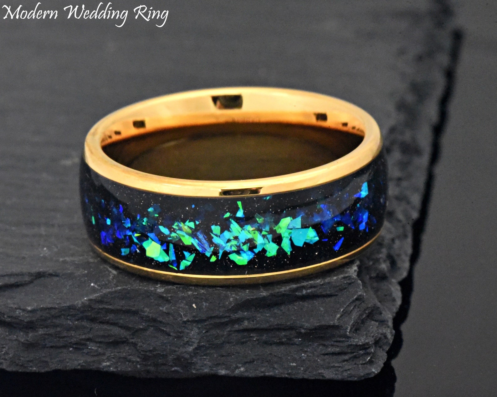 Simulated Green Opal & Abalone Fragments Inlay Tungsten Ring Men's ...