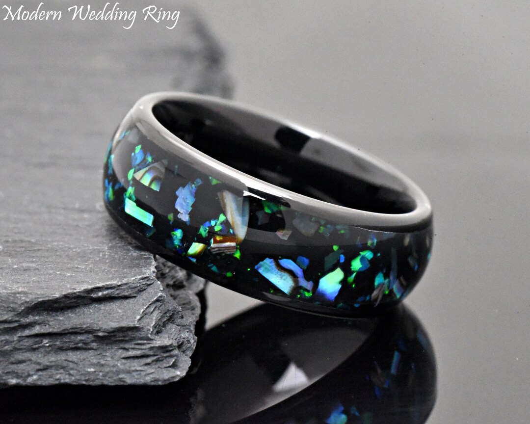 Opal & Abalone Fragment Inlay Men's Unique Black Ion Plated Dome ...
