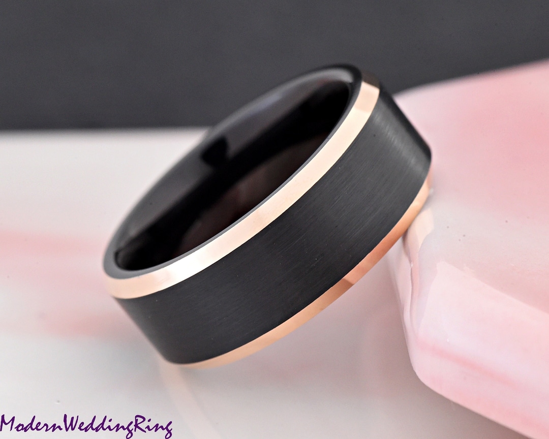 8mm Width Matte Black Tungsten Carbide Ring Rose Gold Plated Edge ...