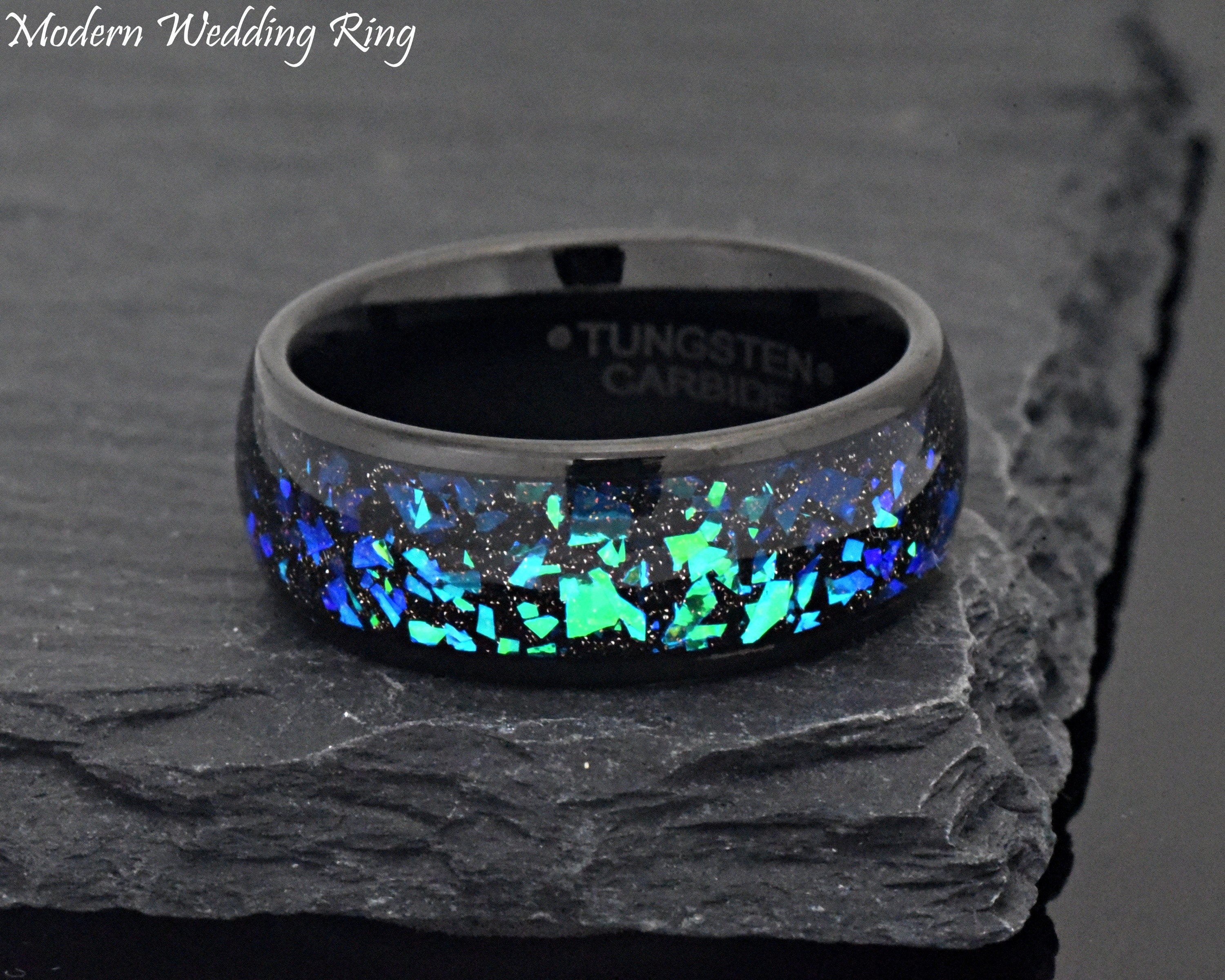 Simulated Green Opal & Abalone Fragments Inlay Tungsten Ring Men's ...