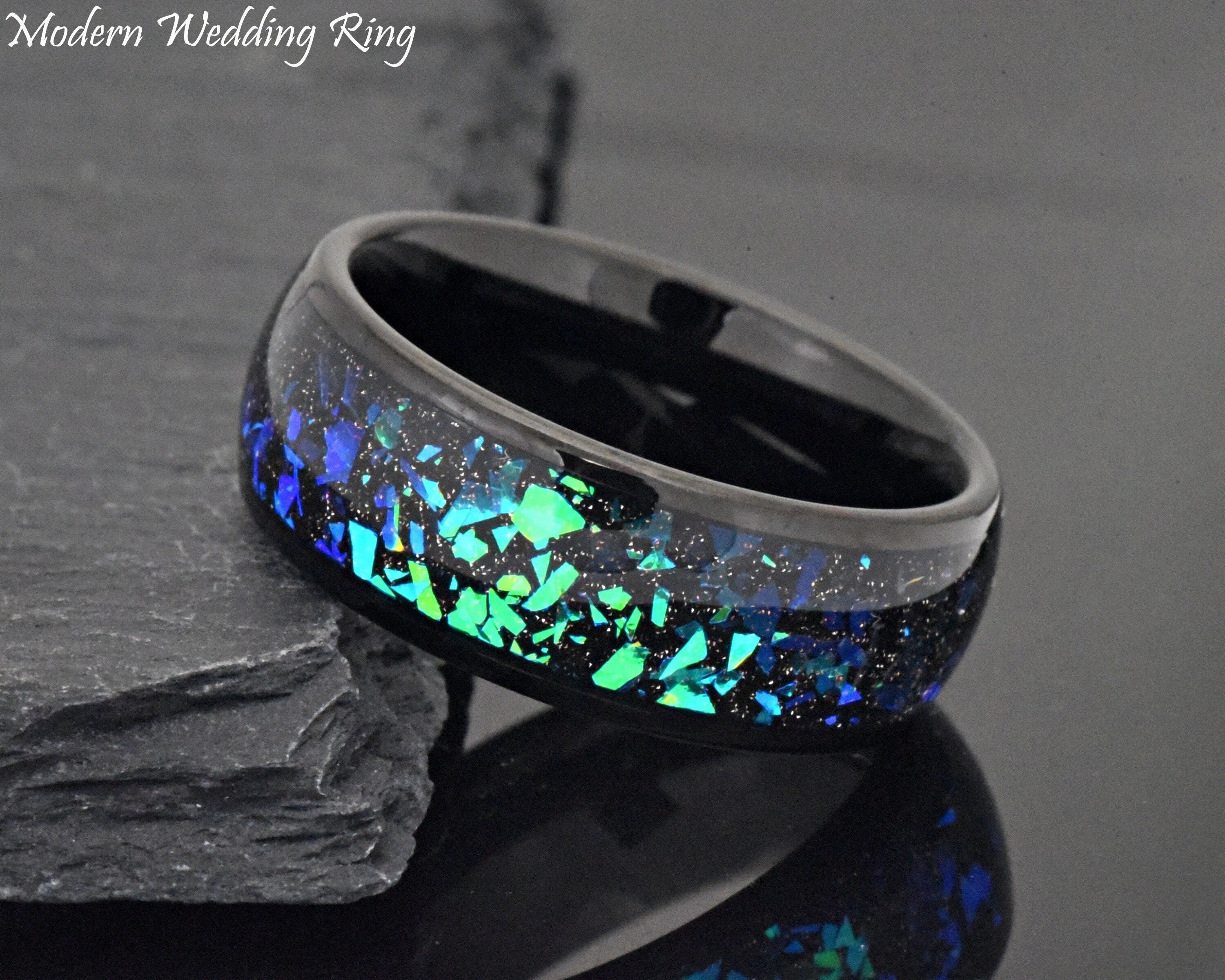 Simulated Green Opal & Abalone Fragments Inlay Tungsten Ring Men's ...