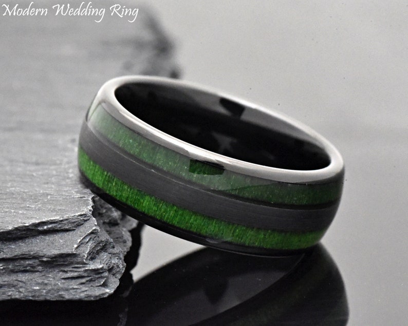 Two Inlay Exotic Green Wood Inlay Dome Wedding Ring 8mm Black - Etsy