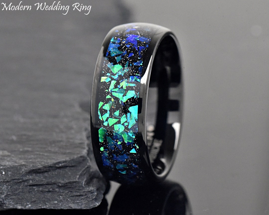 Green Blue Opal & Abalone Fragment Inlay Men's Unique Promise Ring ...