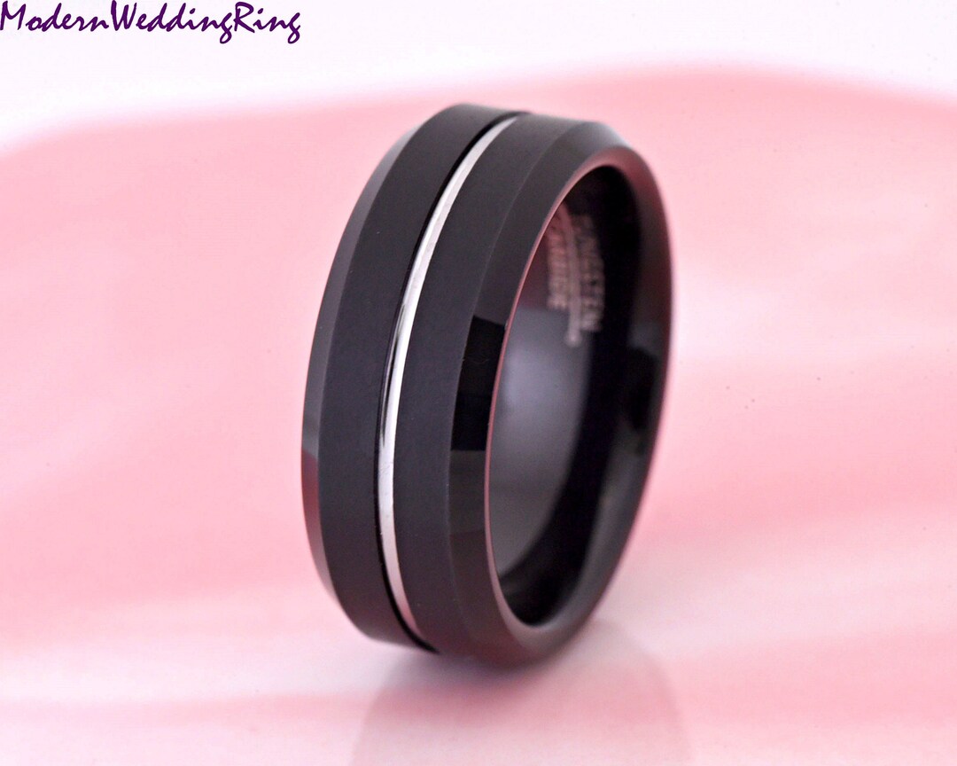 Steel Color Grooved Center Matte Black Tungsten Carbide Ring Men's ...