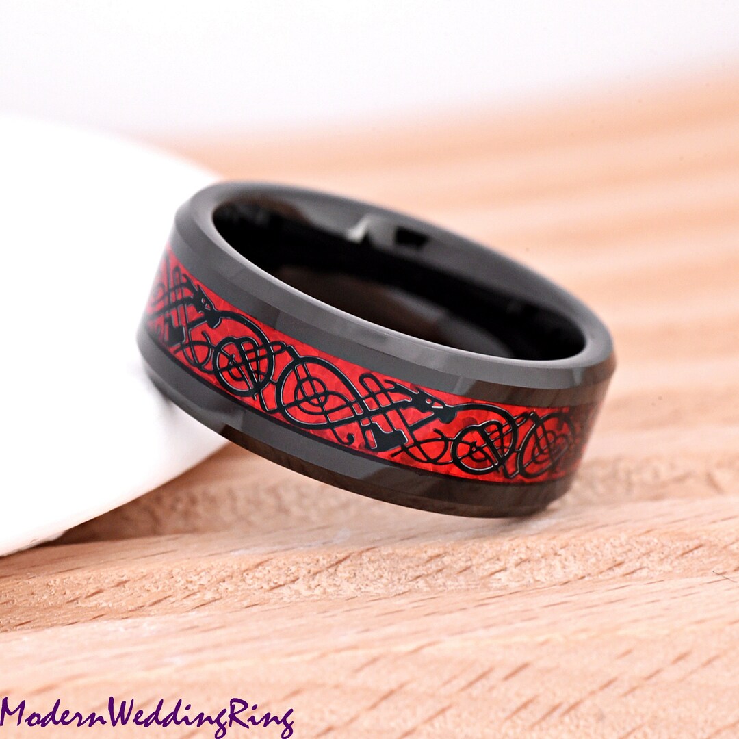 Unique Red Celtic Dragon Knot Inlay 8mm Black Tungsten Carbide Wedding ...
