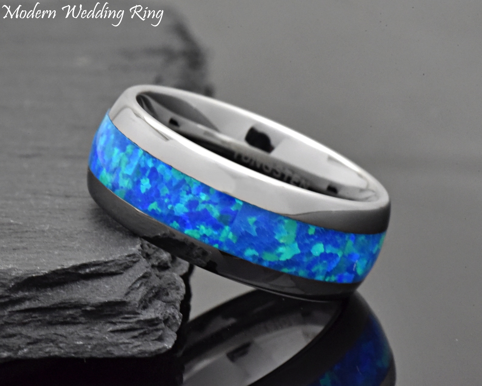 Mens Opal Ring Opal Inlay Tungsten Band Mens Opal Wedding - Etsy